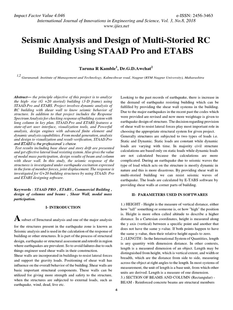 Seismic Analysis and Design of Multi-Storied RC Building Using STAAD Pro and ETABS | PDF ...