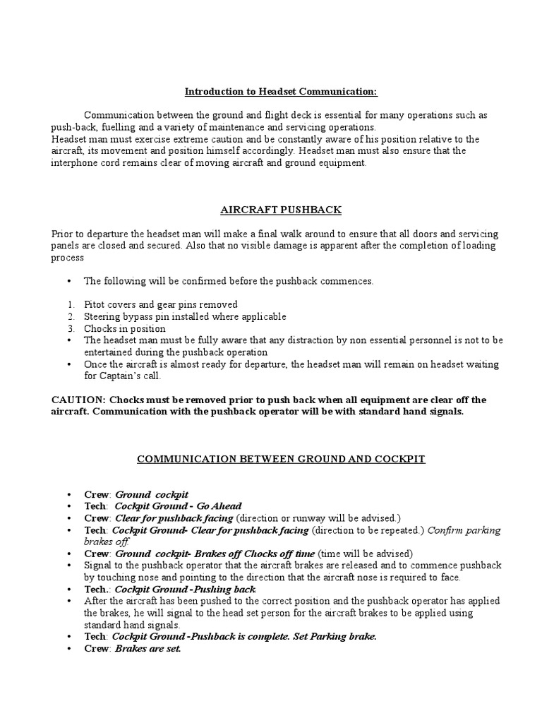 Push Back Head Set Communications | PDF | Cockpit | Aviation