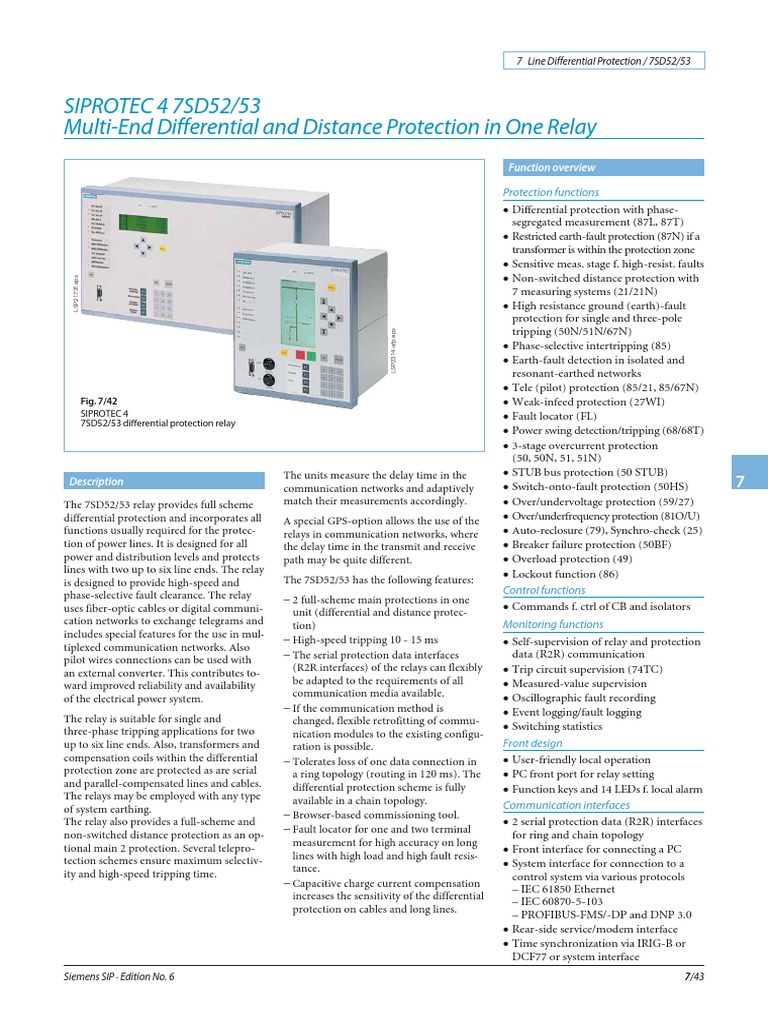 Siemens 7SD52/53 Differential Protection Relay | PDF | Relay | Network ...