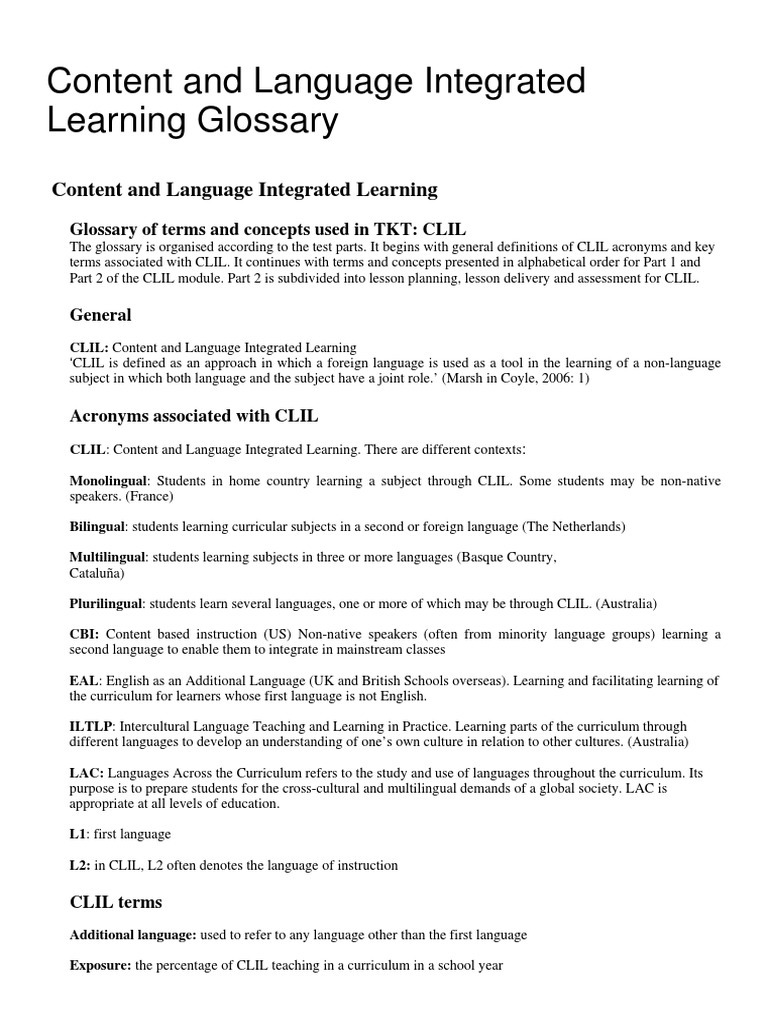 Content Language Integrated Learning Glossary | PDF | Learning | Teachers