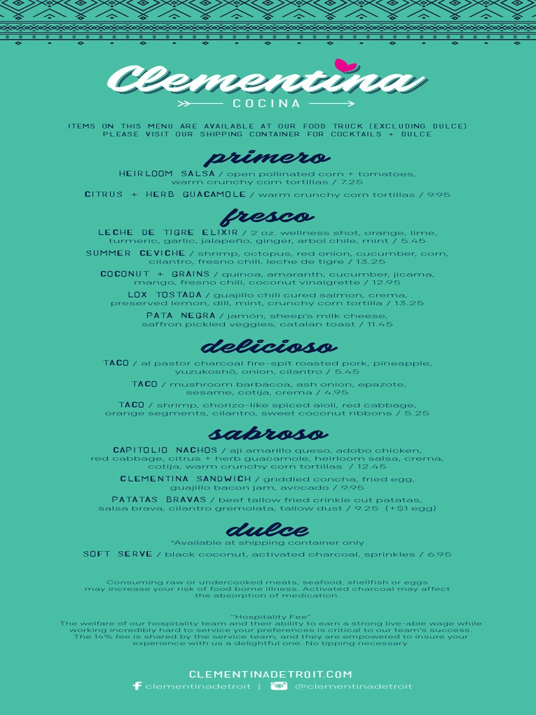 Clementina Menu | PDF | Taco | North American Cuisine