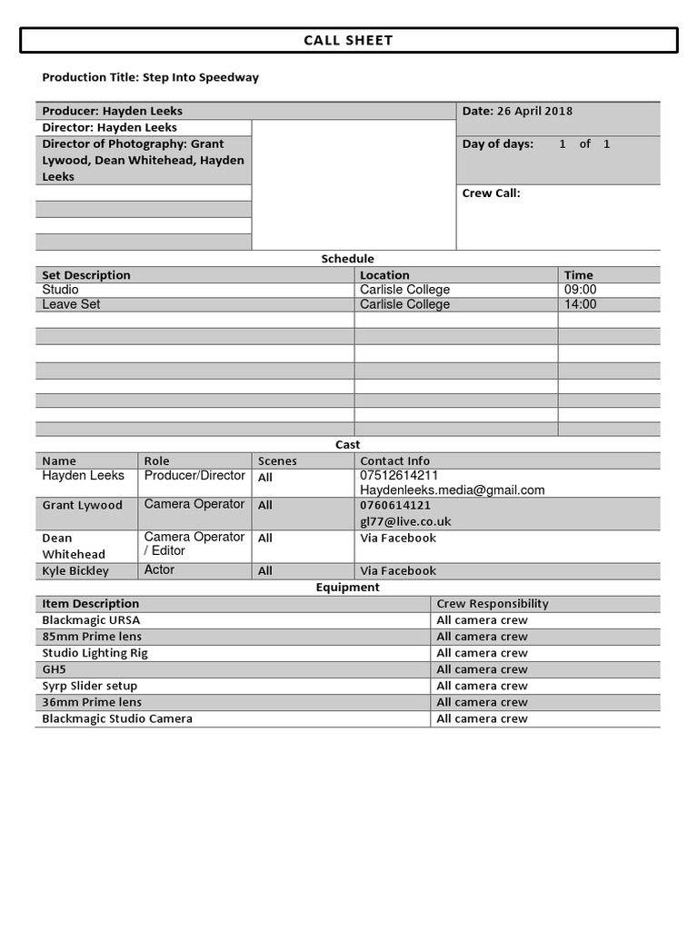 Film Crew Call Sheet | PDF