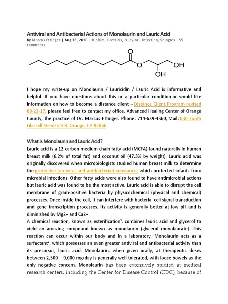 Antiviral and Antibacterial Actions of Monolaurin and Lauric Acid | PDF ...