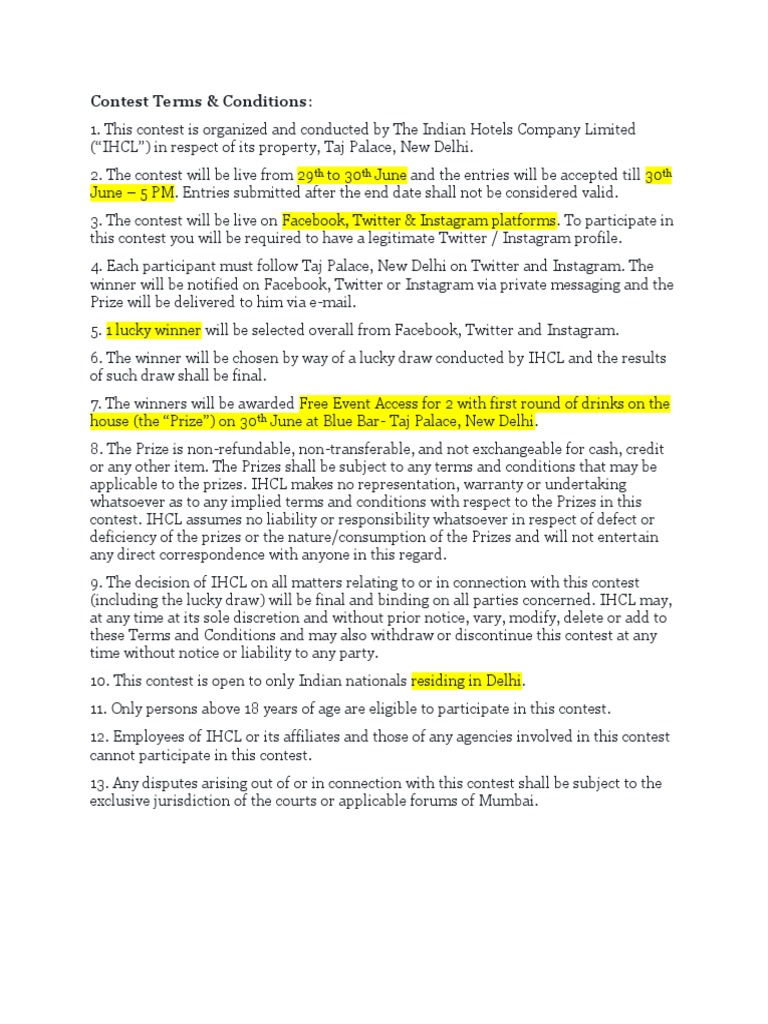 Taj Palace Contest Terms & Conditions | PDF