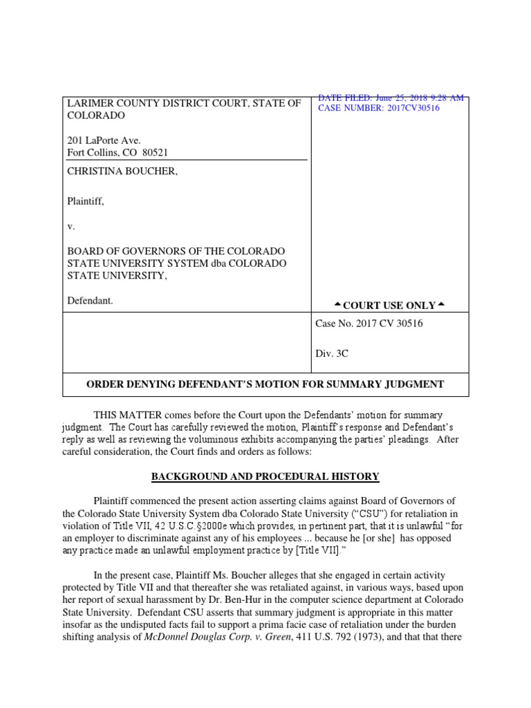 Dr. Christina Boucher Case: Order Denying CSU's Motion For Summary Judgment | PDF | Summary ...