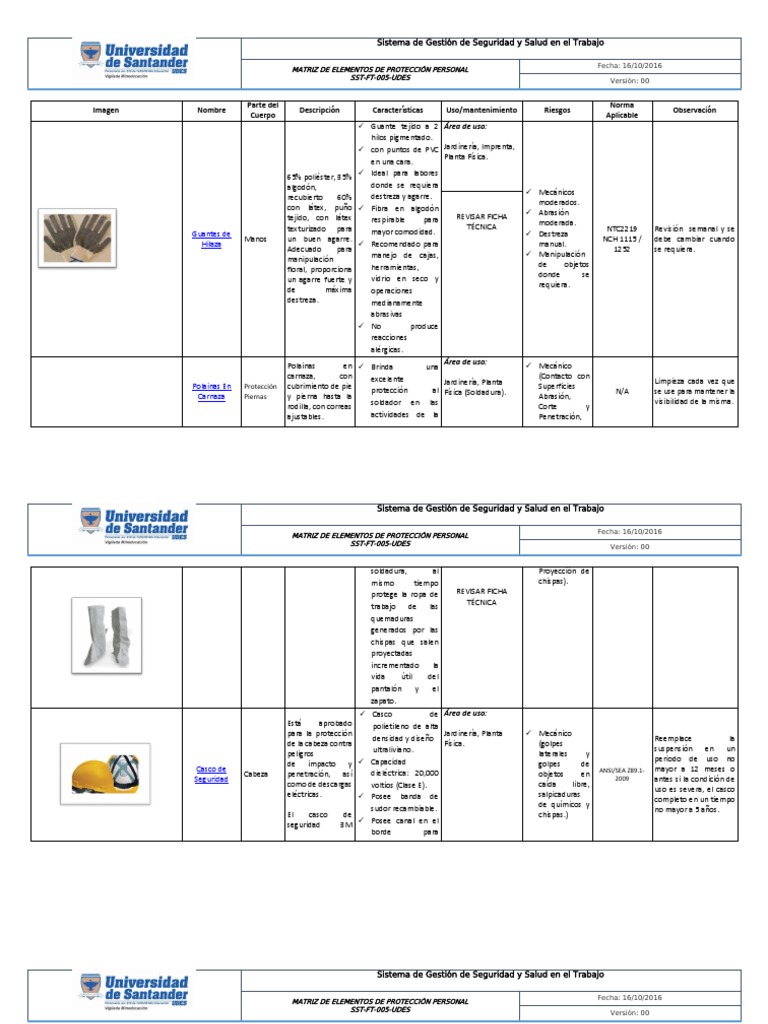 Matriz de Elementos de Proteccion Personal | PDF | Bota | Casco