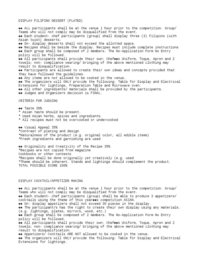 Criteria for Judging Dessert Contest | PDF | Recipe | Hors D'oeuvre