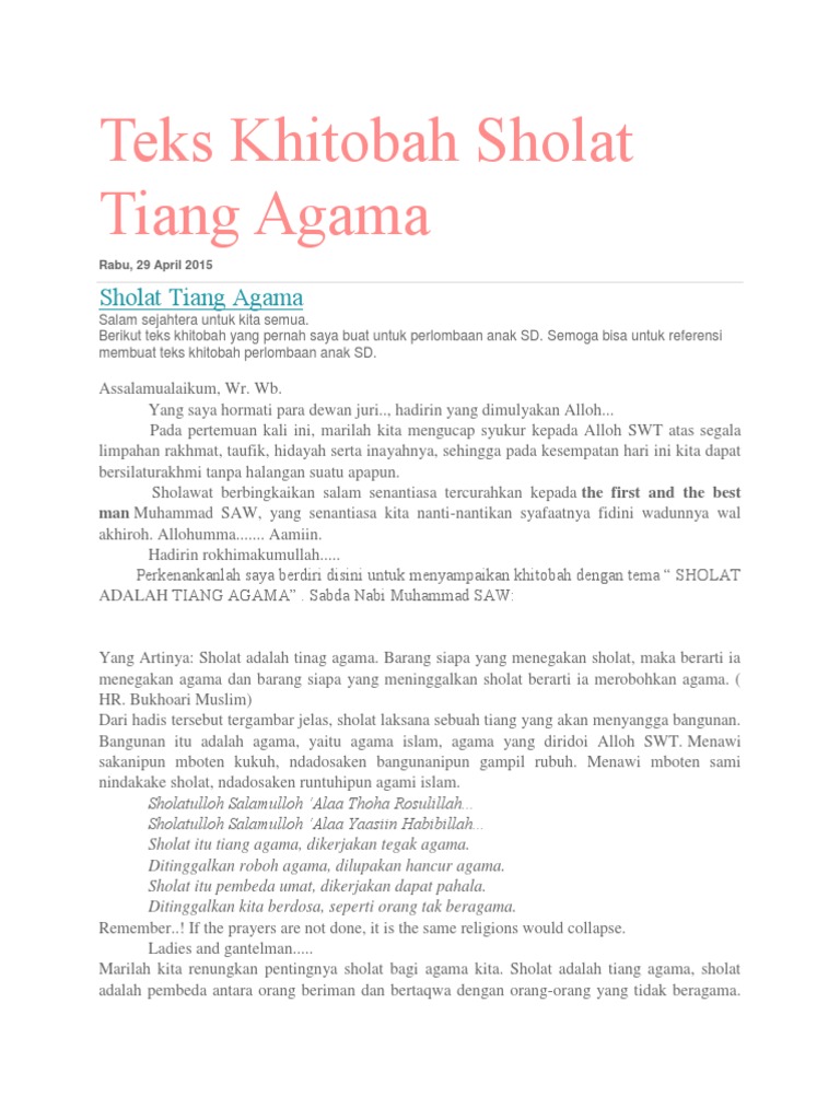 Teks Khitobah Sholat Tiang Agama | PDF | Gaya Hidup