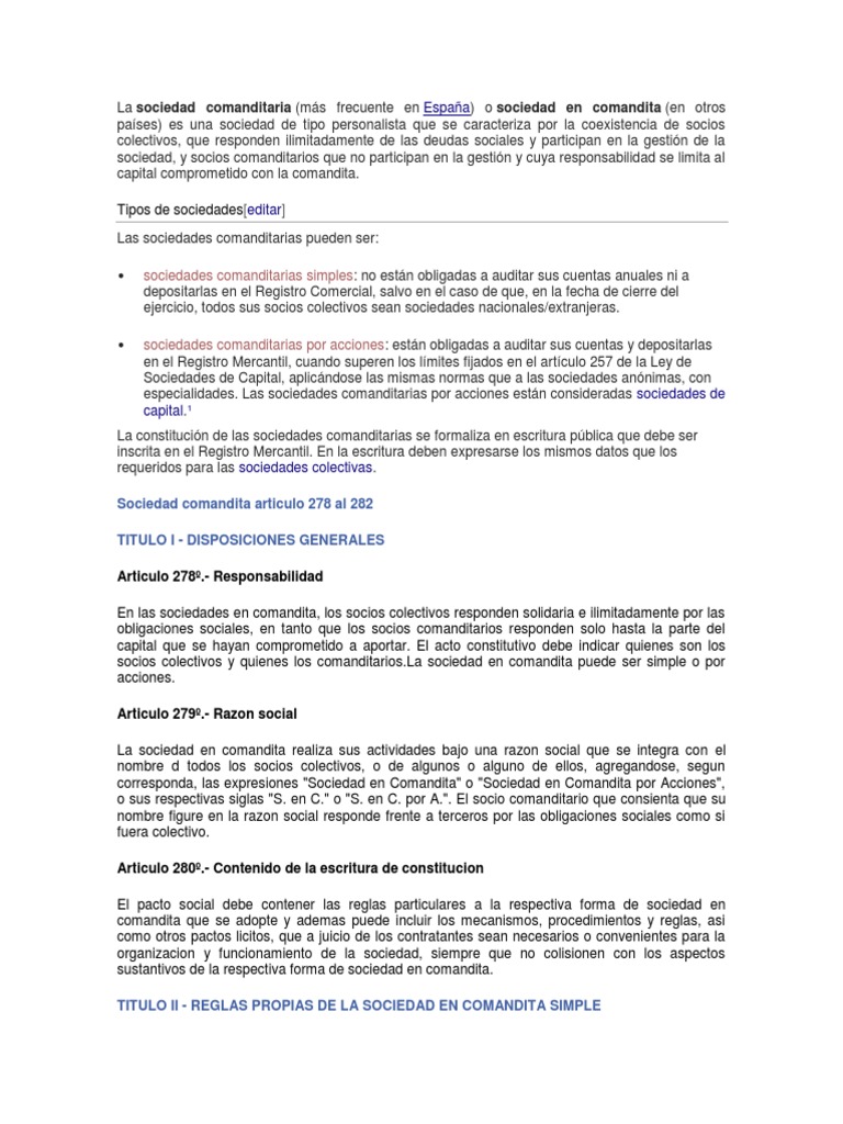 Sociedad Comanditaria: Tipos y Reglas | PDF | Sociedad de responsabilidad limitada | Sociedad de ...