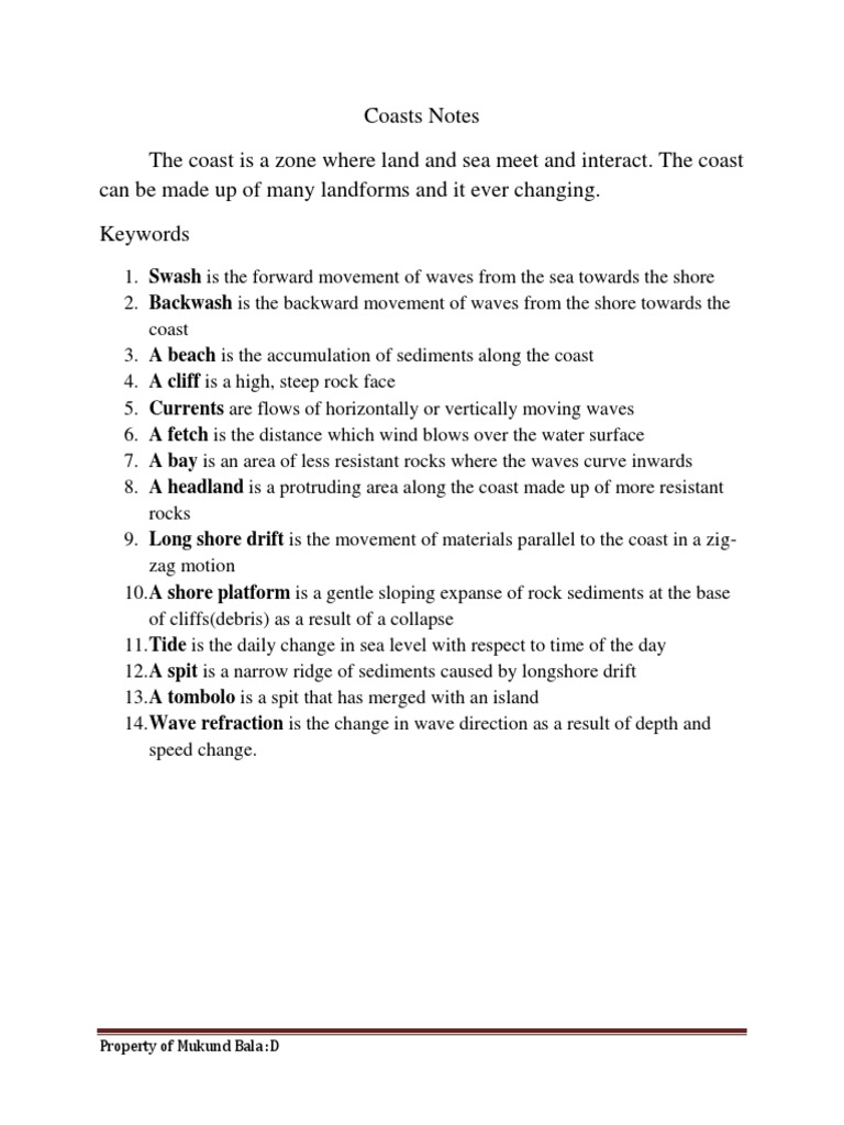 Coasts Notes The Coast Is A Zone Where Land and Sea Meet and Interact ...