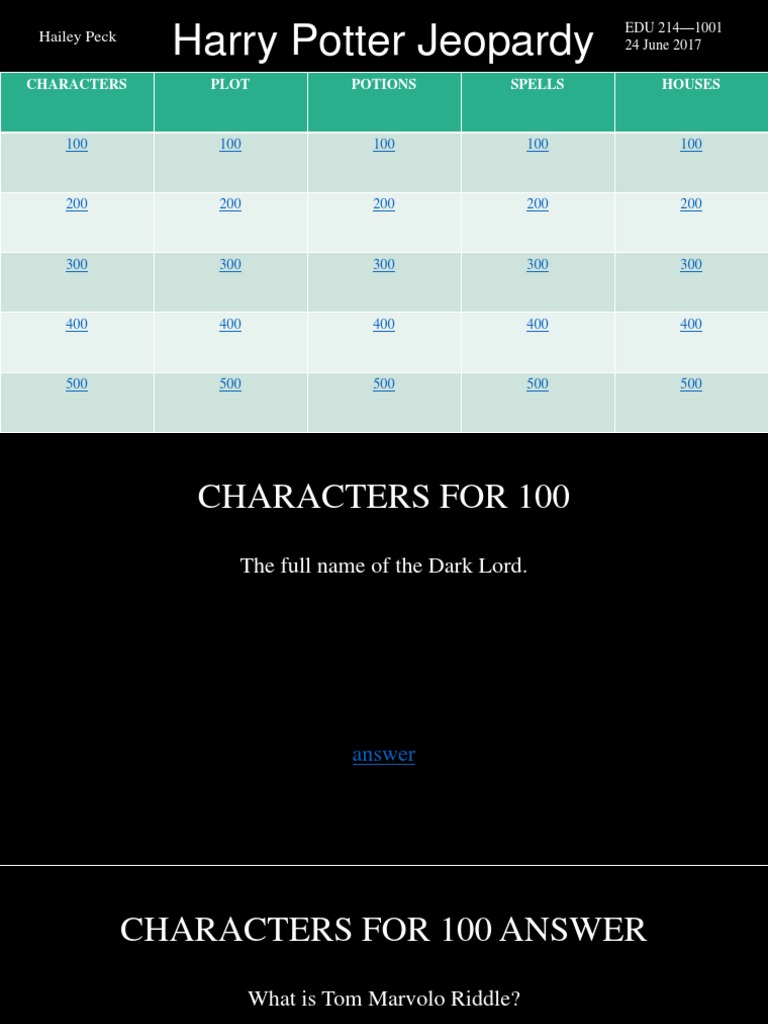 HP Jeopardy | PDF | Literary Characters | Harry Potter