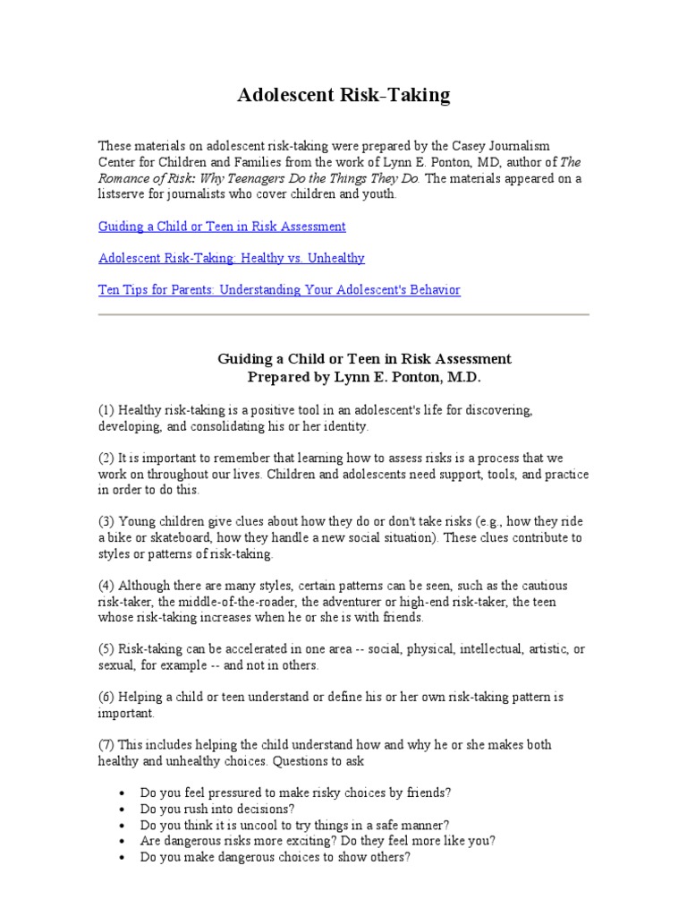 Adolescent Risk-Taking: Understanding Behavior | PDF | Adolescence | Risk