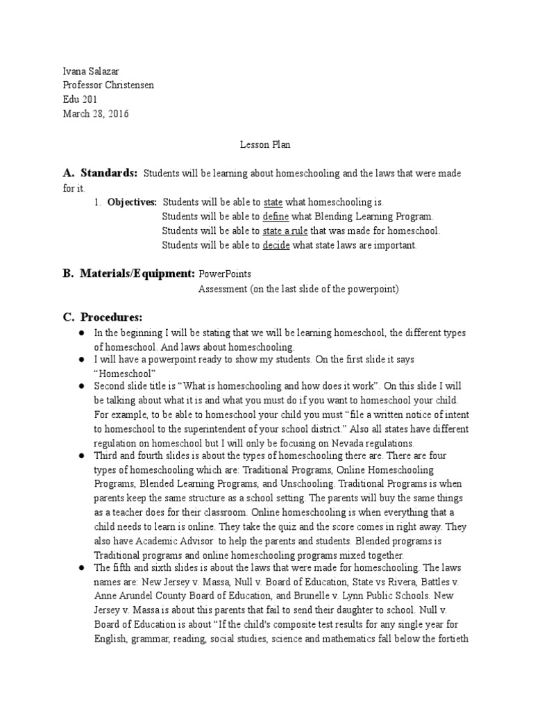 Lesson Plan - Artifact 2 Edu 201 | PDF | Homeschooling | Behavior ...