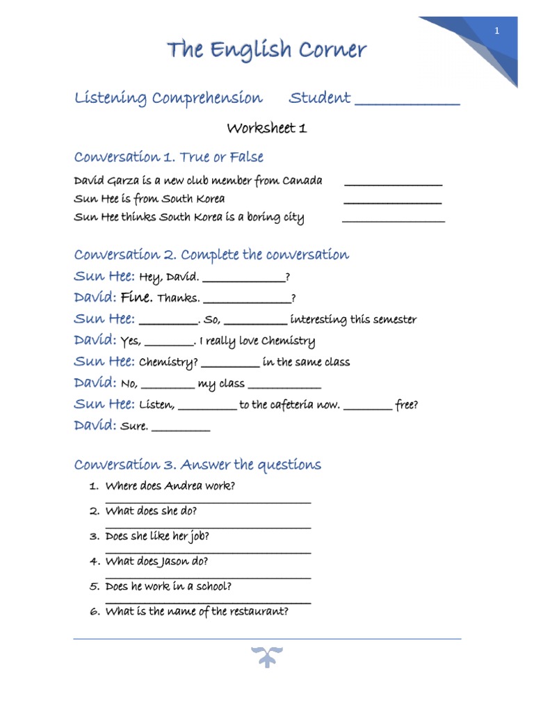 Listening Comprehension Worksheets English Comprehension Worksheets