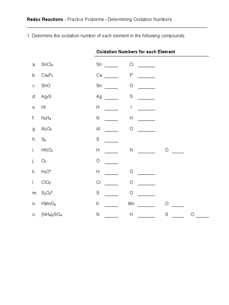07 Finding Oxidation Numbers Worksheet | PDF | Redox | Carbon
