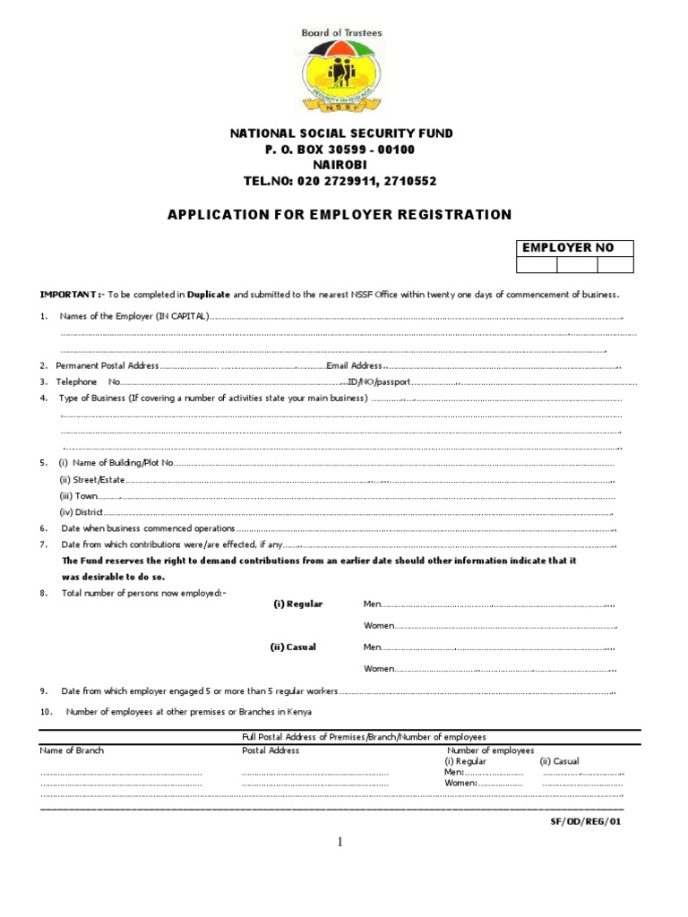 Employers Application For Registration-Nssf | PDF | Government | Business