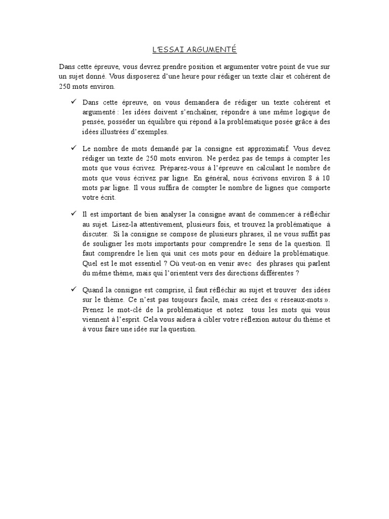 Rédiger un essai argumenté de 250 mots | PDF
