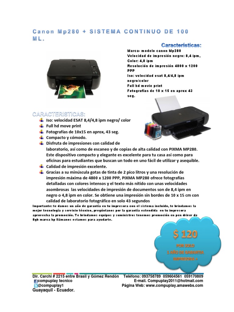 Impresora Canon PIXMA MP280: Características y Precio | PDF