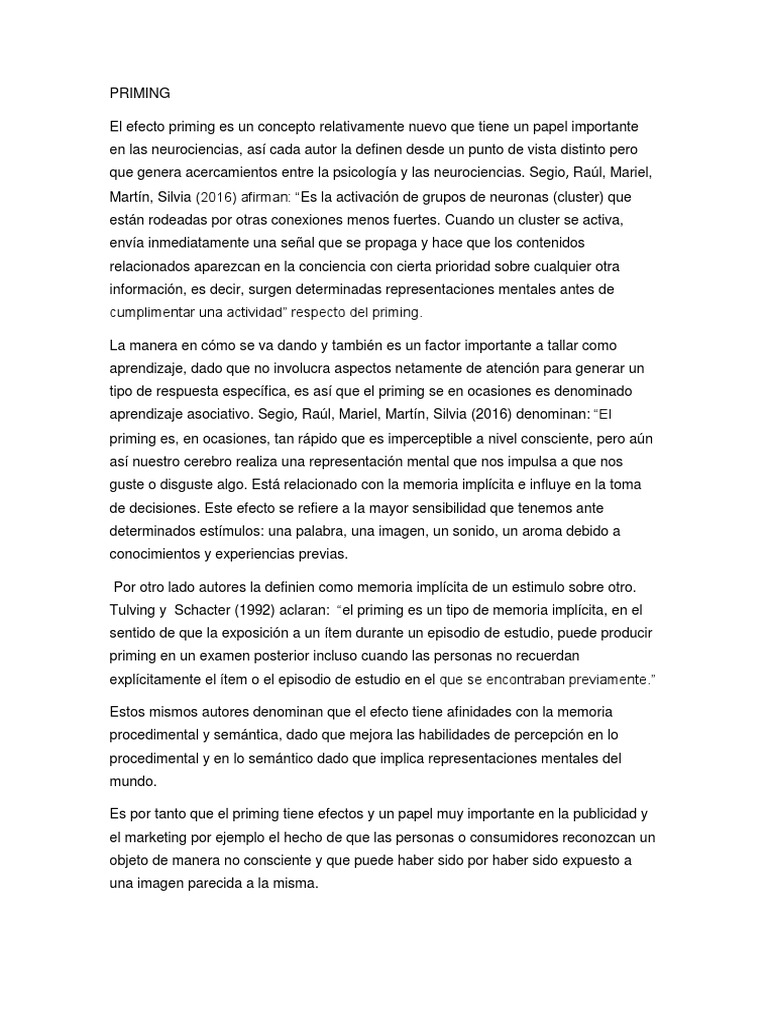 El Efecto Priming, Tipos, Consumo, Asociativo | Descargar gratis PDF | Memoria | Publicidad