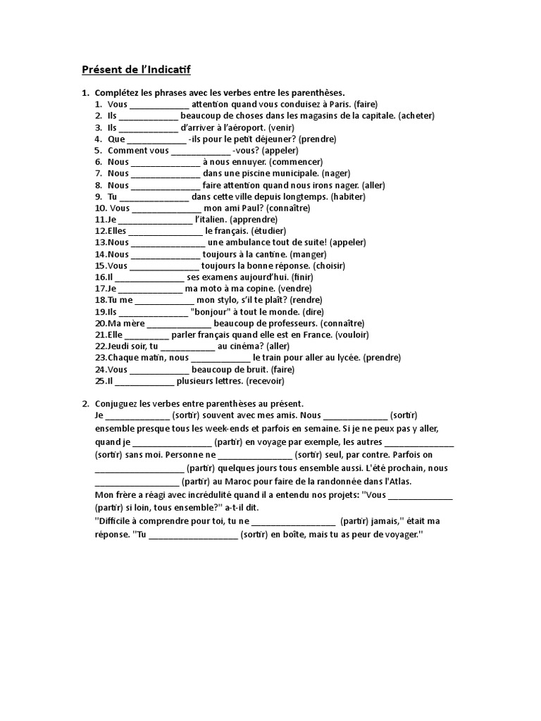 Exercices de conjugaison au présent | PDF