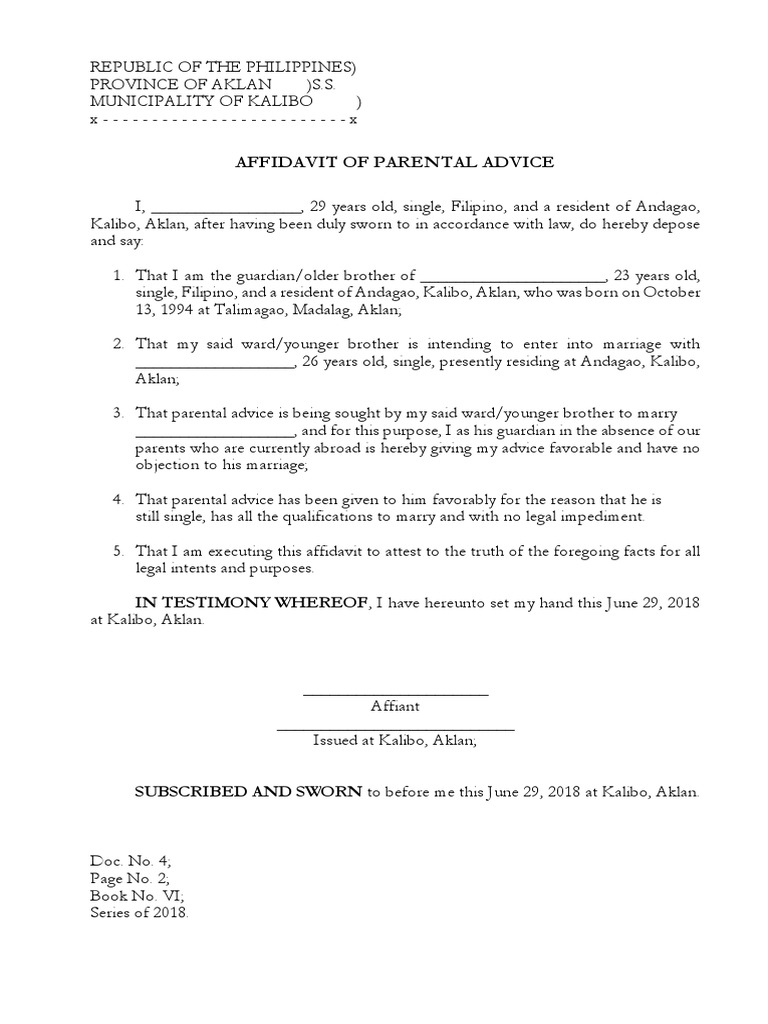 Affidavit Parental Advice (from guardian brother)