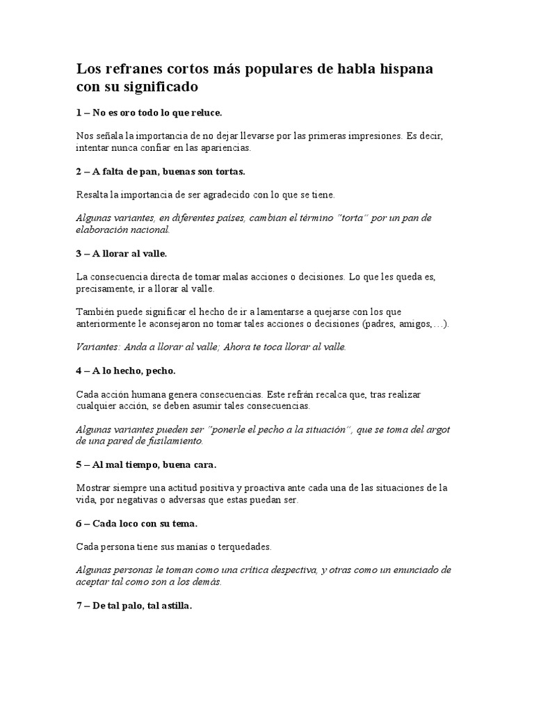 Los Refranes Cortos Más Populares de Habla Hispana Con Su Significado ...