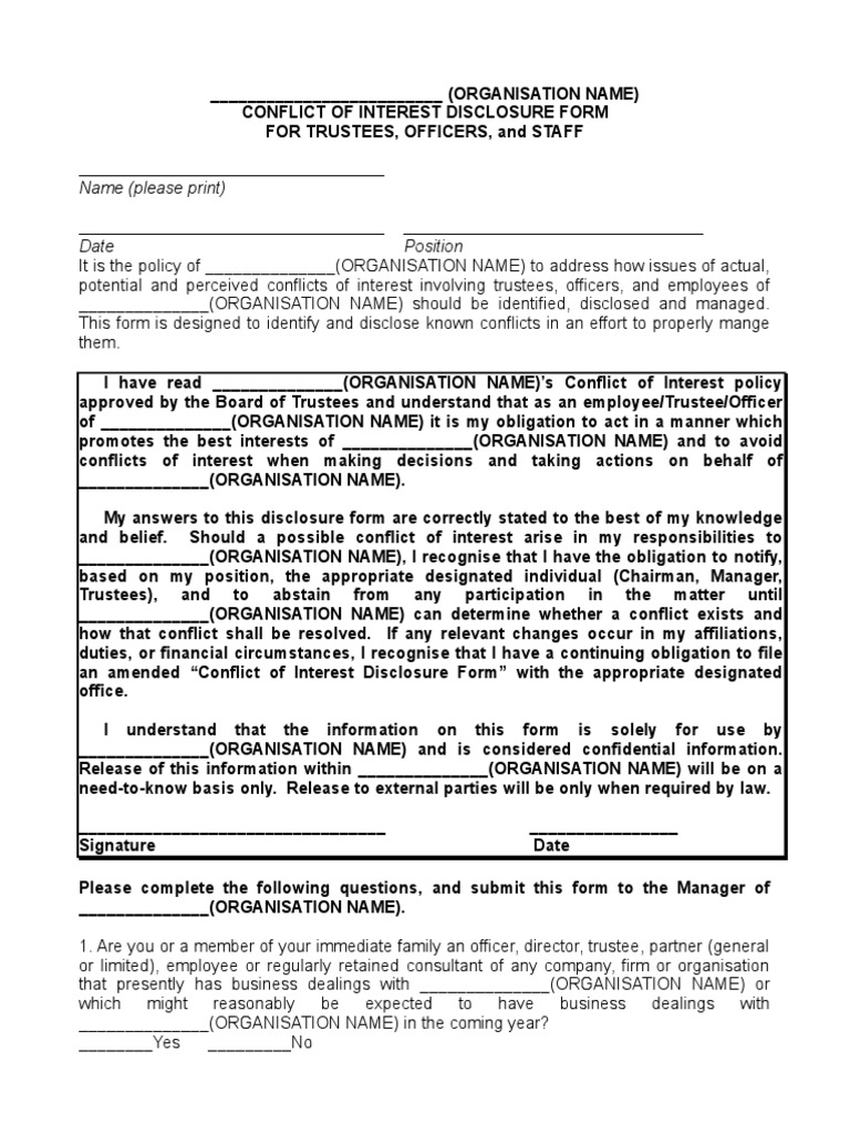 Conflict of Interest Disclosure Form - SAMPLE | PDF | Conflict Of ...