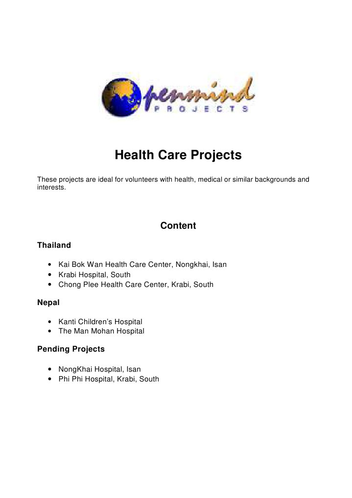 Health Care Projects: Content | PDF | Hospital | Patient