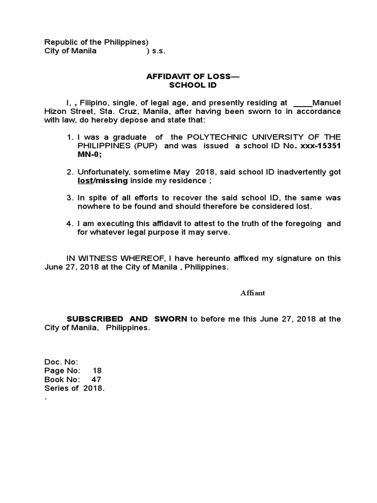 006 Affidavit of Loss SCHOOL ID PUP | PDF