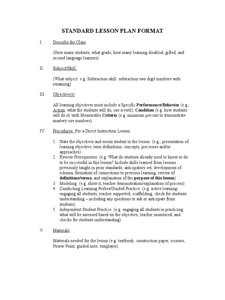 Standard Lesson Plan Format: Definitions/terms, and Explanation of The ...