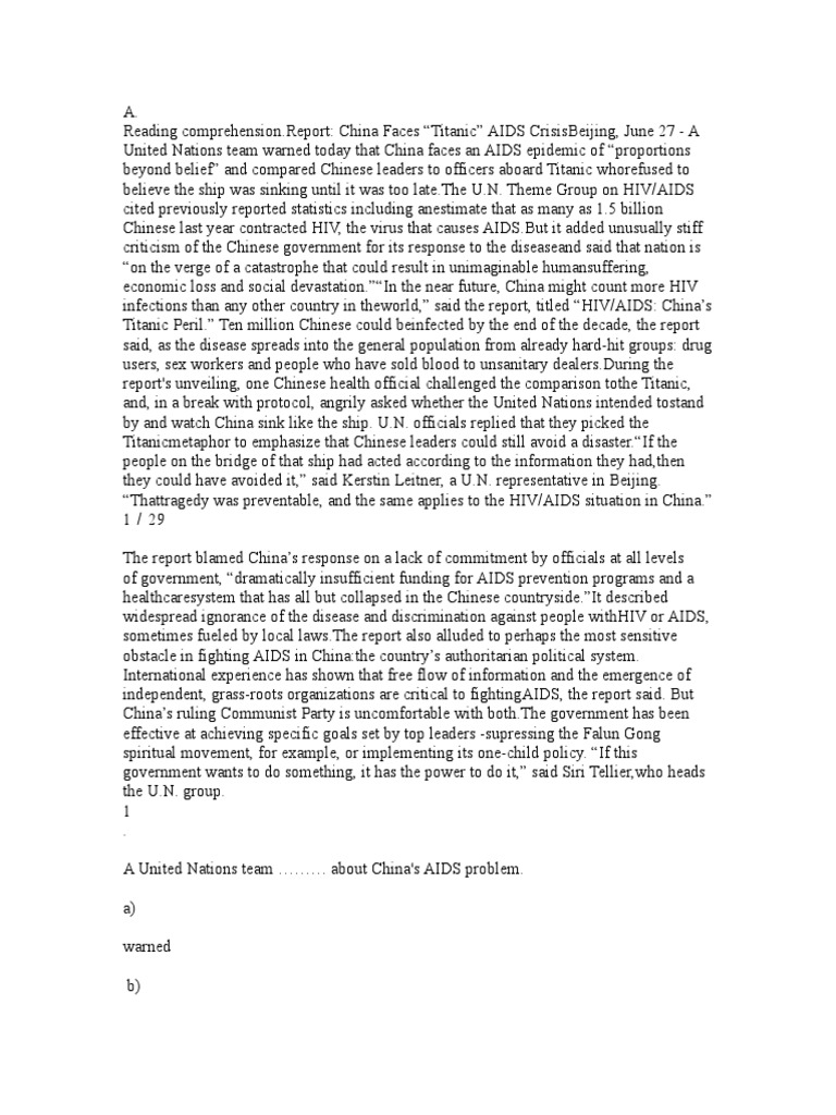 English Reading Comprehension Test | PDF | Hiv/Aids | China