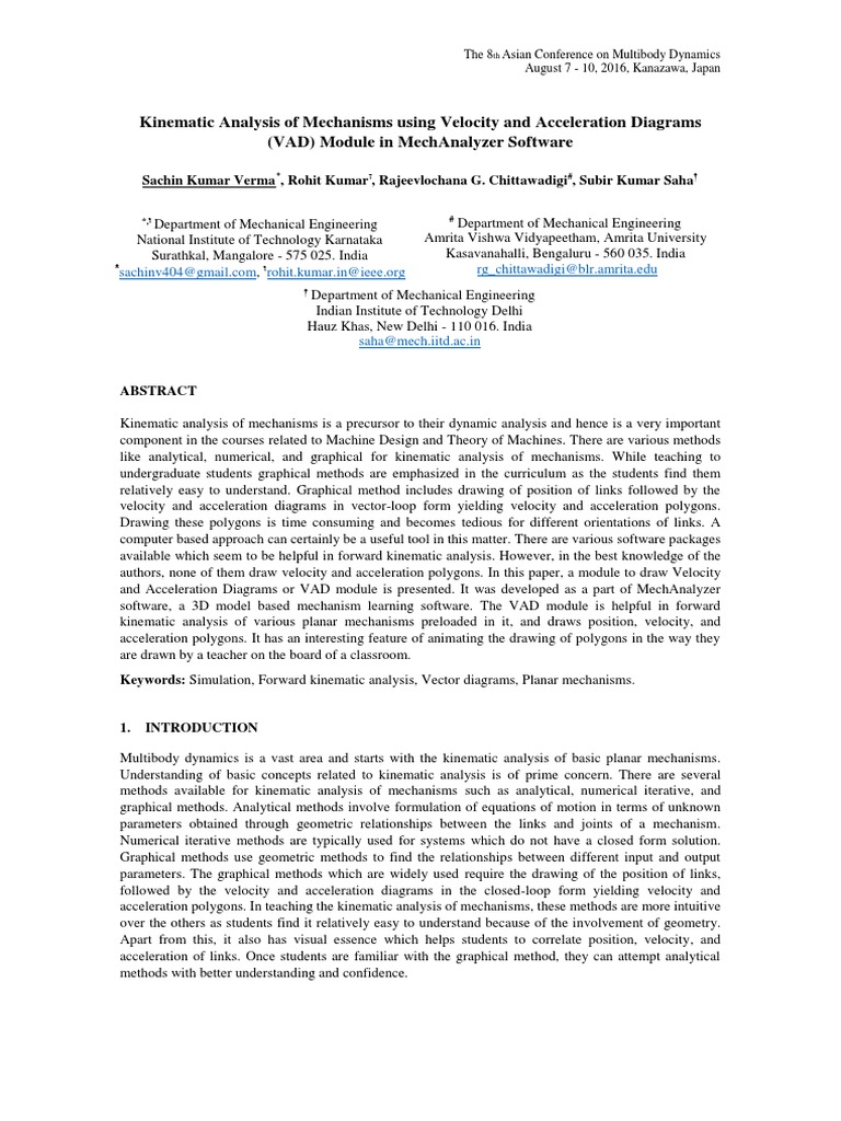 Kinematic Analysis of Mechanisms Using Velocity and Acceleration ...