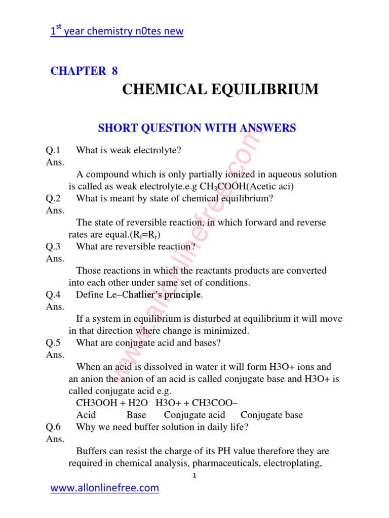 Chemical Equilibrium Exercises And Answers Chapter 04 Chemical