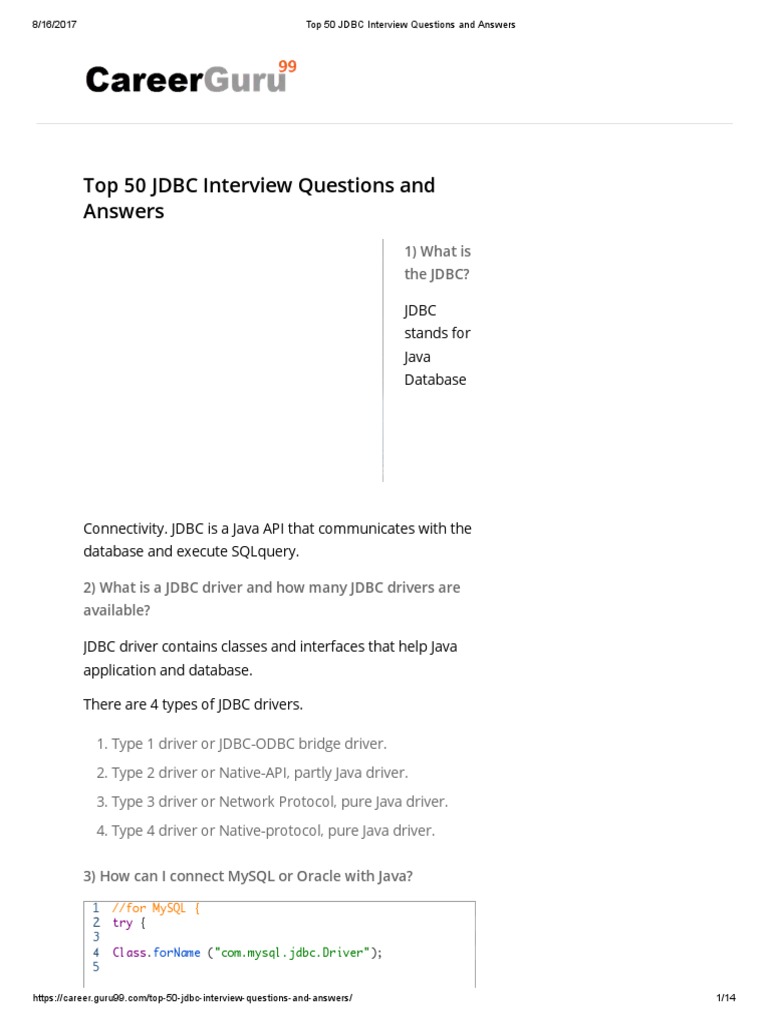 Top 50 JDBC Interview Questions and Answers | PDF | Information ...