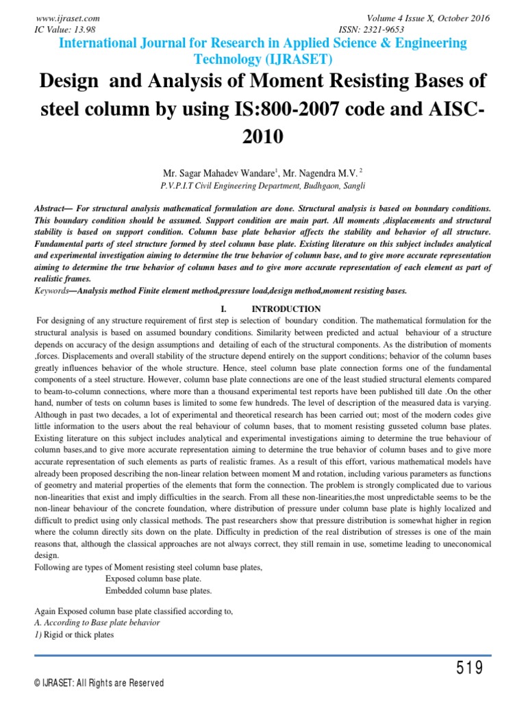 Design and Analysis of Moment Resisting Bases of Steel Column by Using ...
