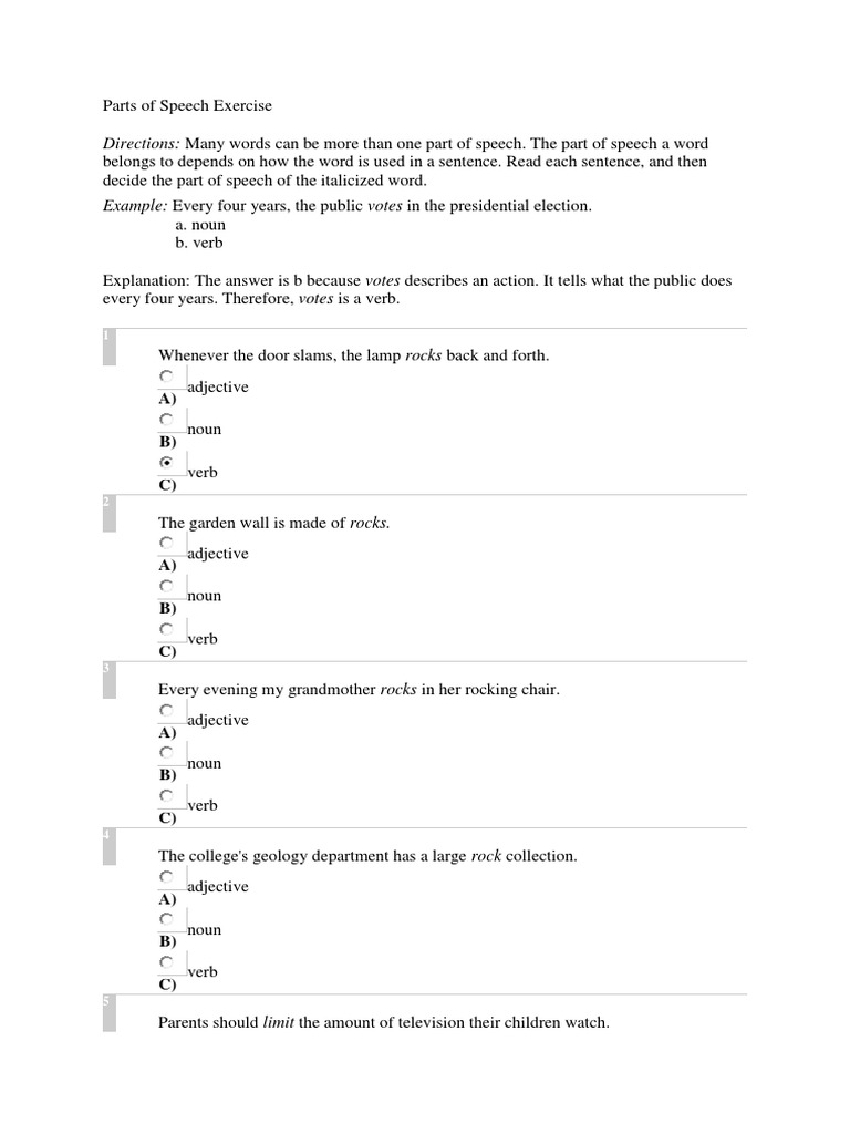 Parts of Speech Exercise | PDF | Adverb | Verb