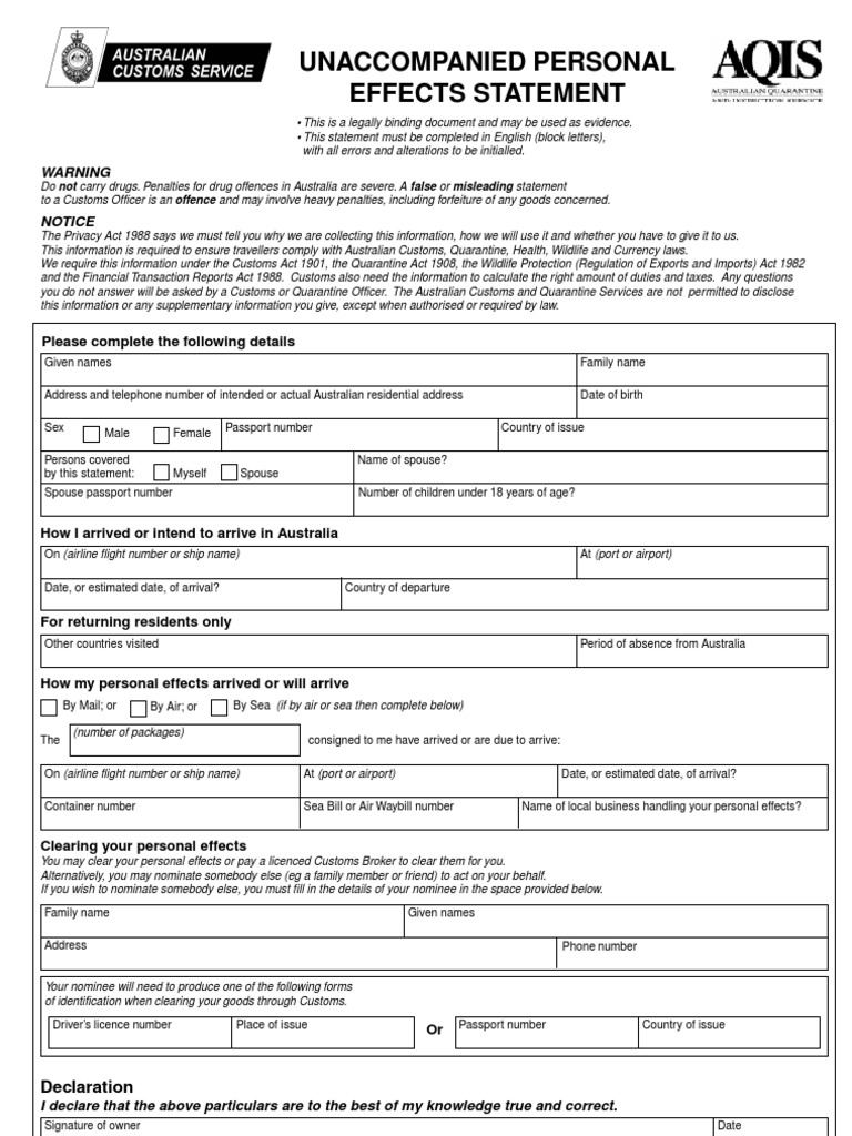 Unaccompanied Personal Effects Statement: Declaration | PDF