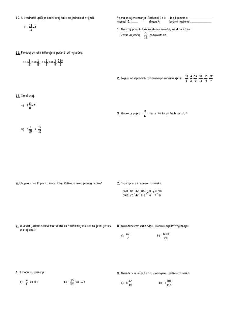Matematika 5 Razlomci Grupa A | PDF