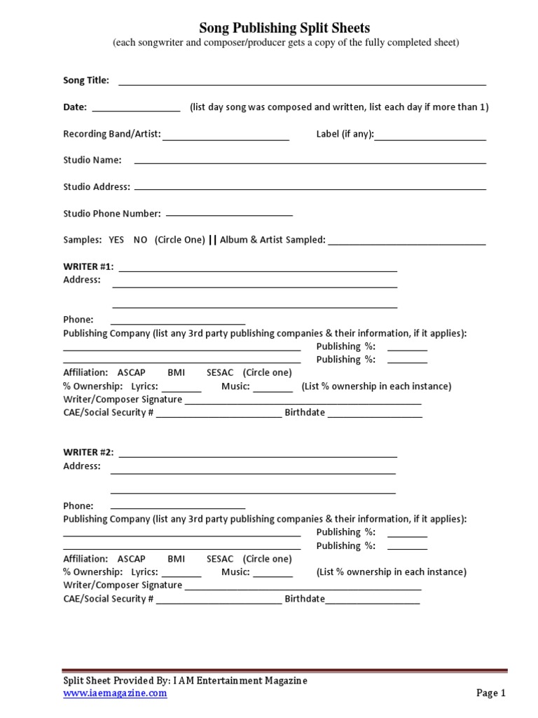Song Publishing Split Sheet | PDF | Songwriter | Music Industry