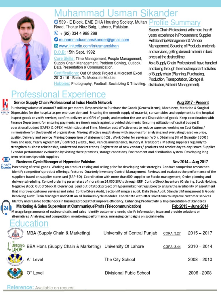 Muhammad Usman Sikander - Supply Chain CV | PDF | Supply Chain | Inventory