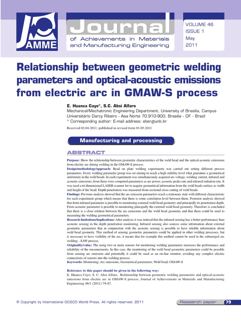 Relationship Between Geometric Welding Parameters and Optical-Acoustic Emissions From Electric ...