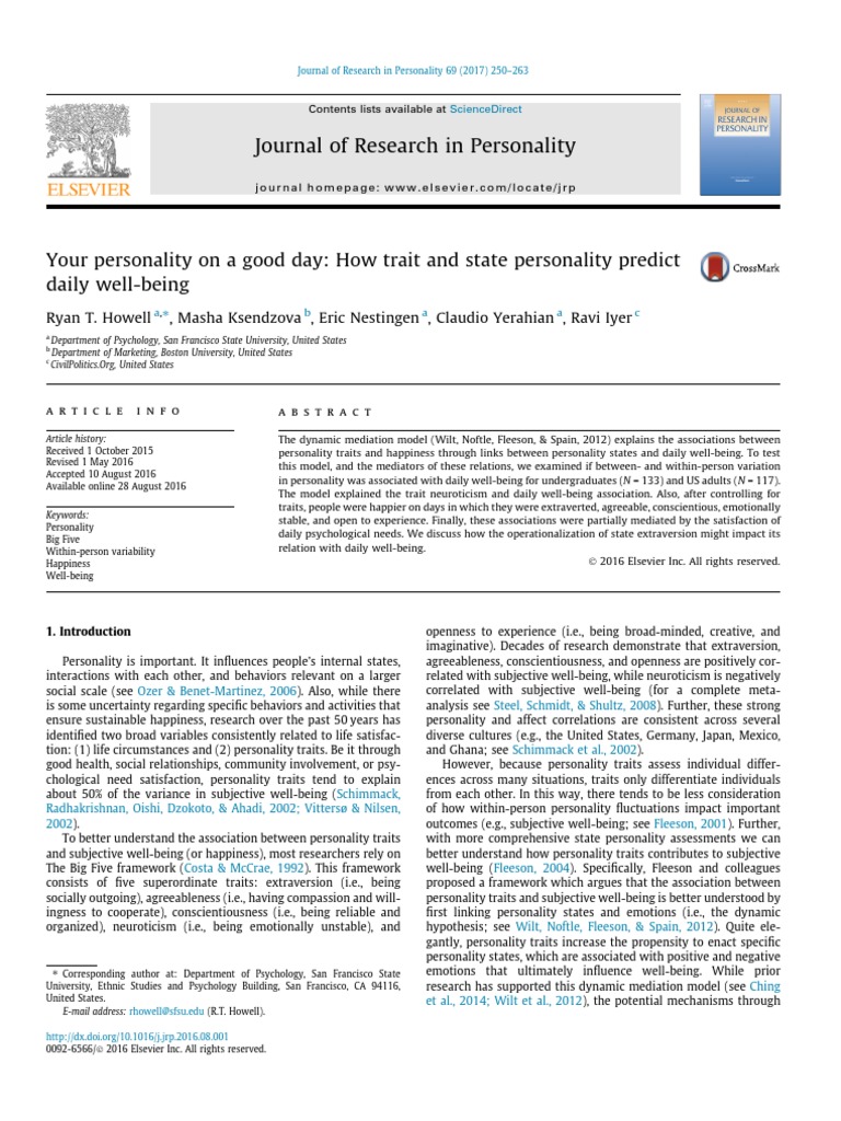 Journal of Research in Personality: Ryan T. Howell, Masha Ksendzova ...