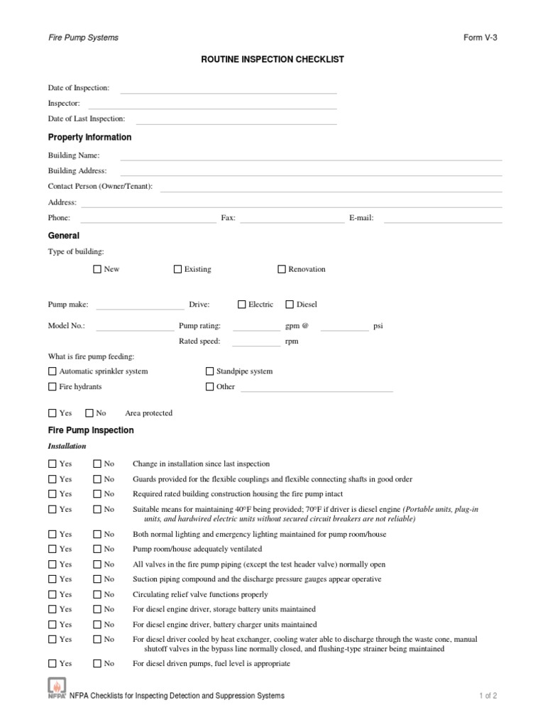 NFPA Fire Pump Inspection Checklist | PDF | Diesel Engine | Pump