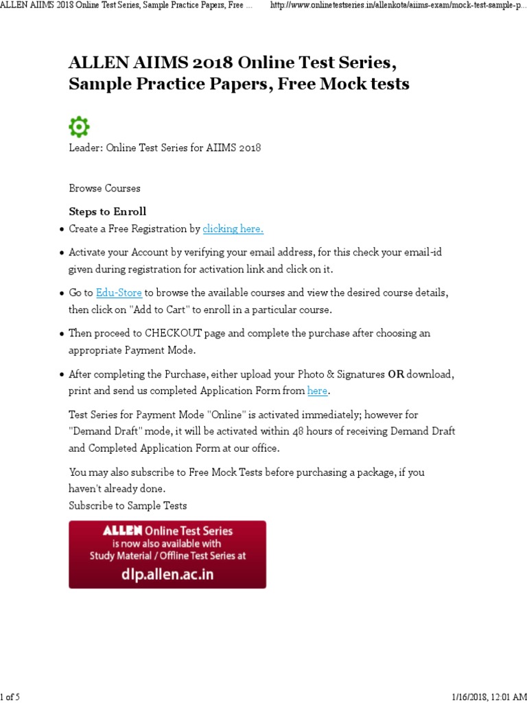 ALLEN AIIMS 2018 Online Test Series, Sample Practice Papers, Free Mock ...