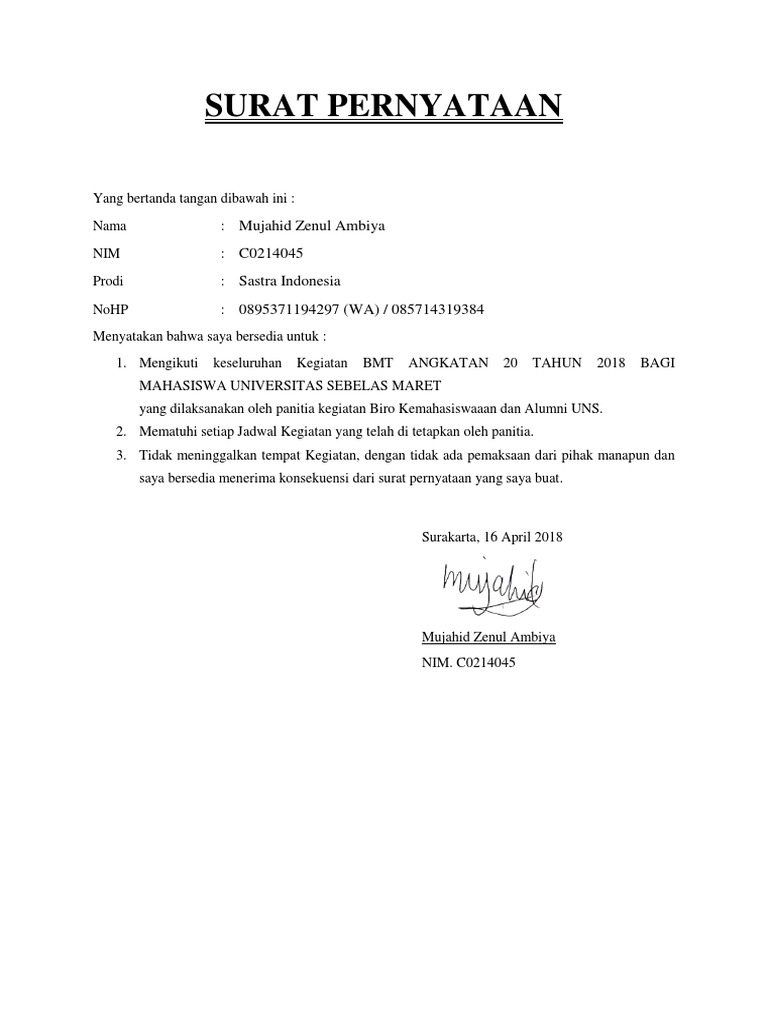 Surat Pernyataan Mengikuti Kegiatan | PDF