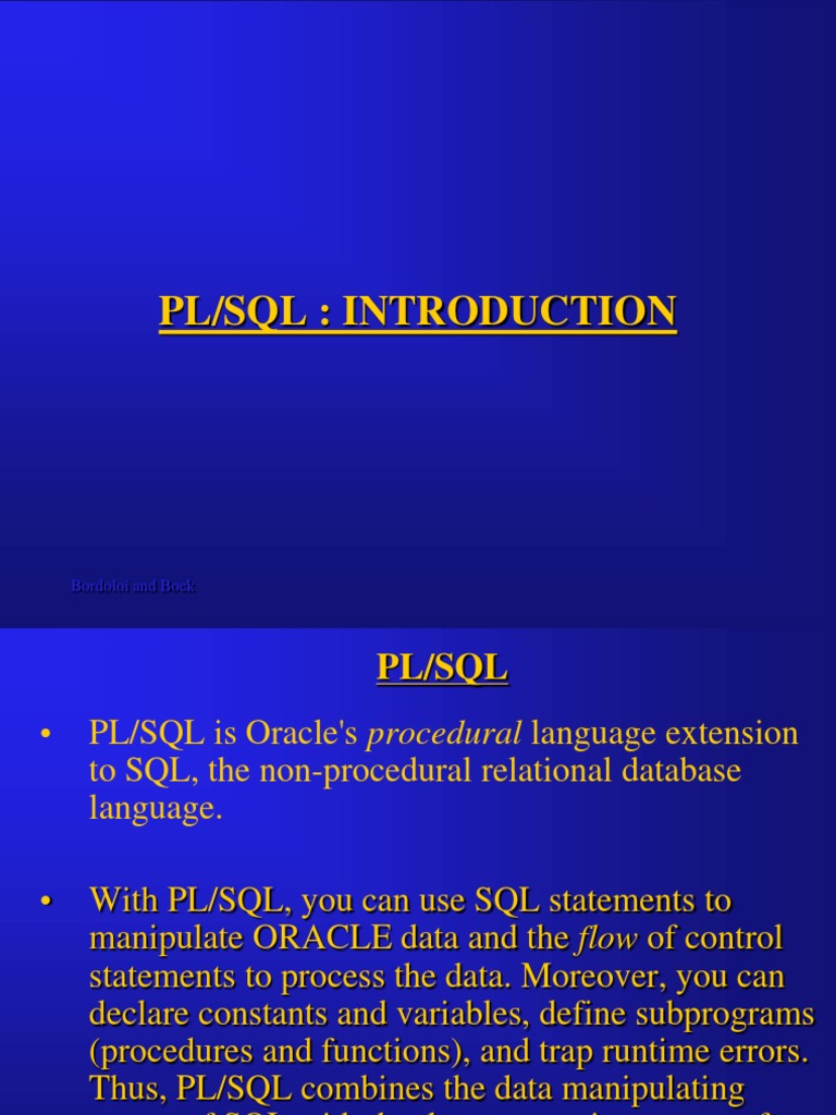 PL/SQL: Introduction: Bordoloi and Bock | PDF | Pl/Sql | Sql