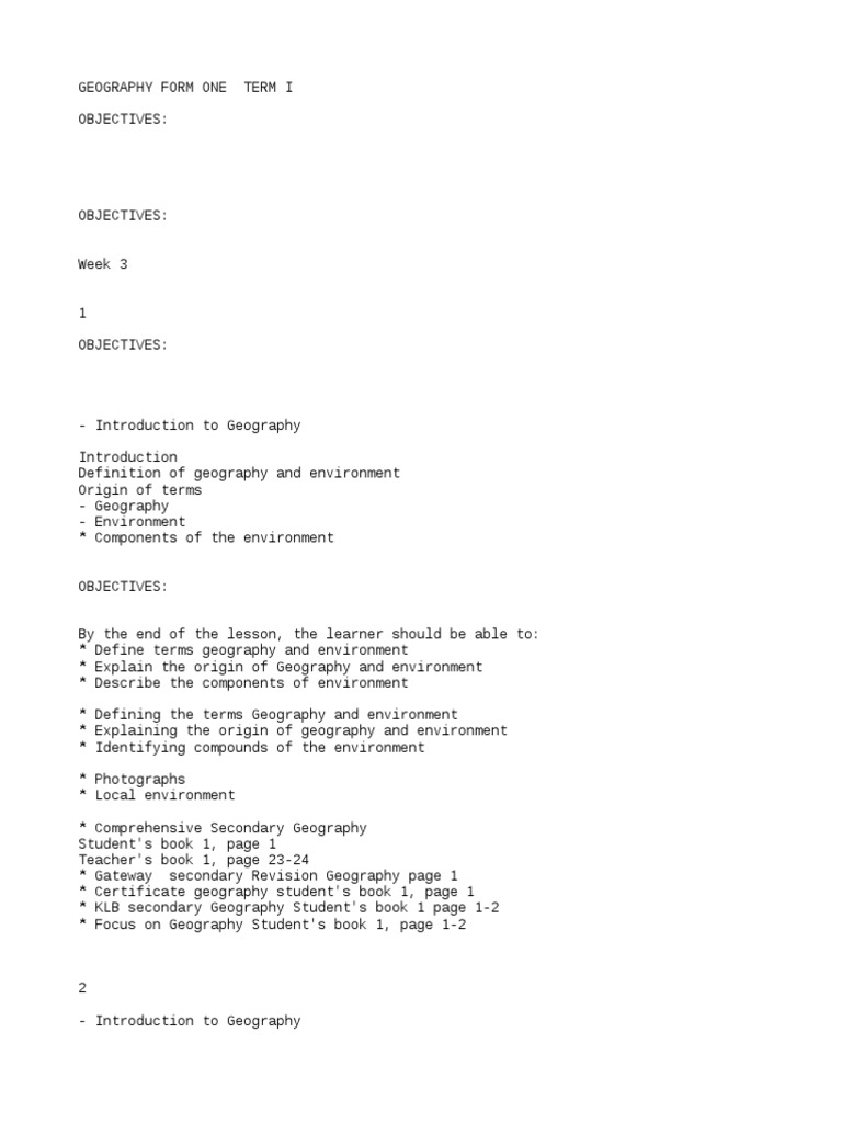 LESSON PLANS-Geography Form I - IV | PDF | Geography | Map