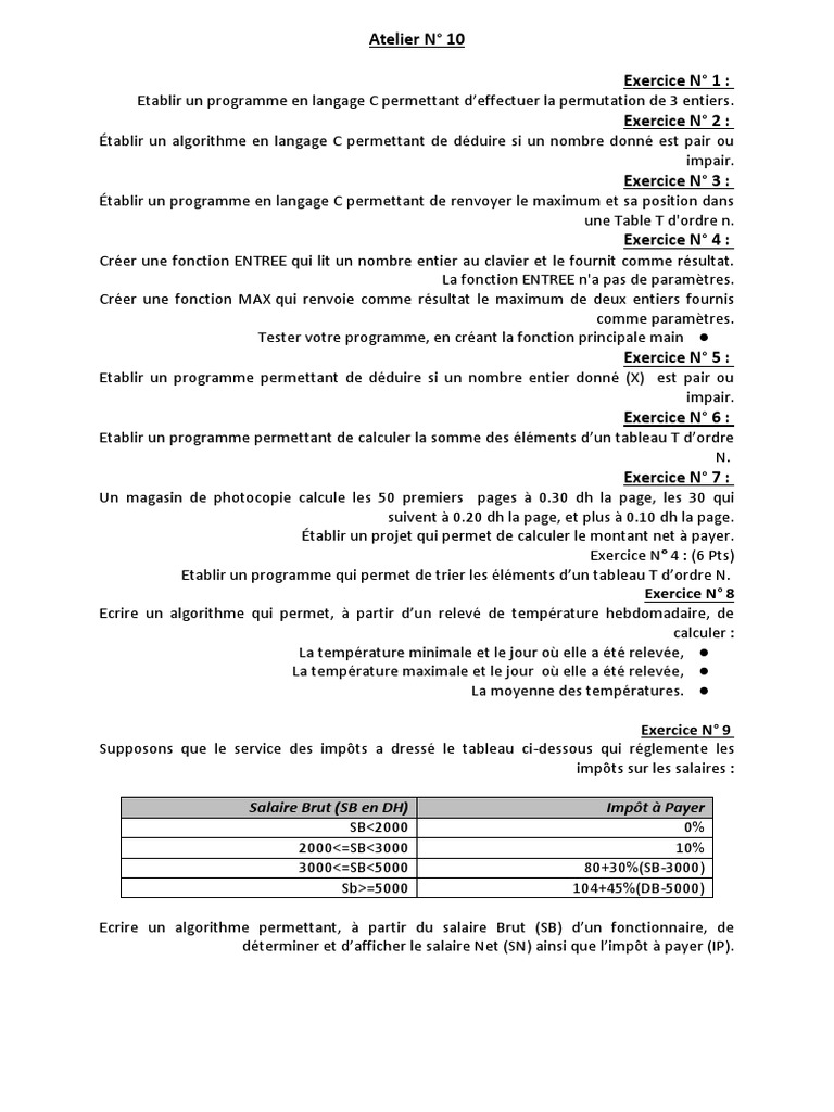 Exercices de programmation en C | PDF | Salaires | Enseignement des ...