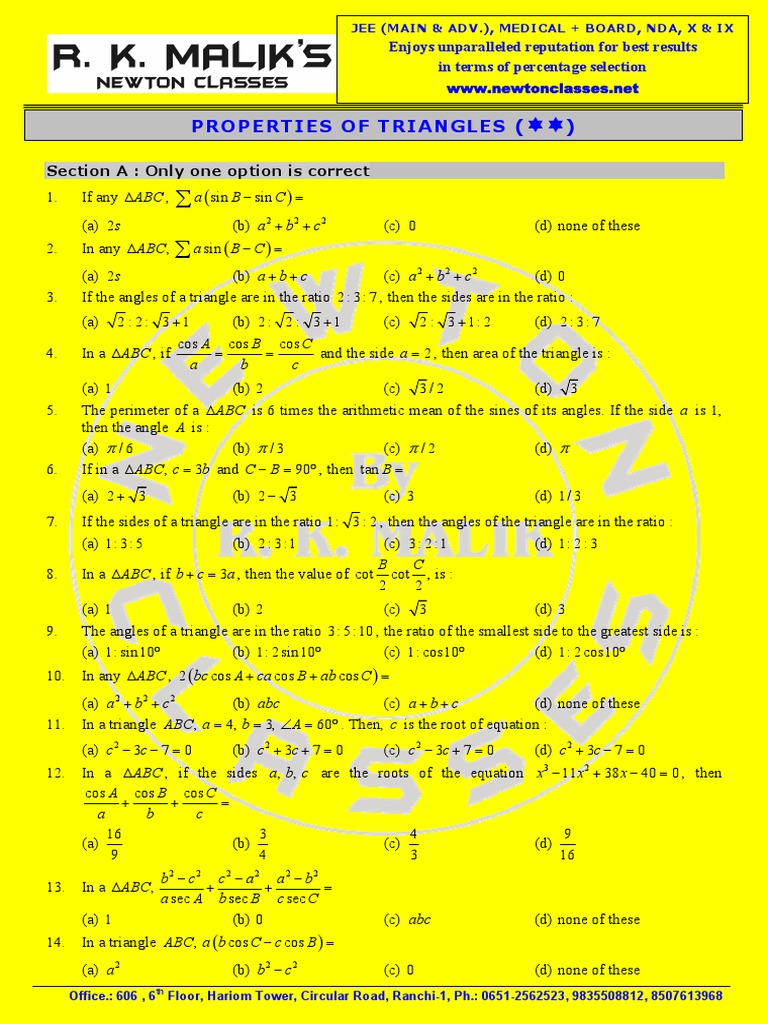 Properties of Triangle | Download Free PDF | Triangle | Trigonometric ...