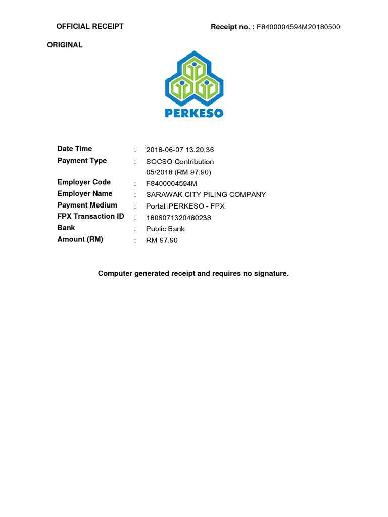 SOCSO Contribution Official Receipt | PDF